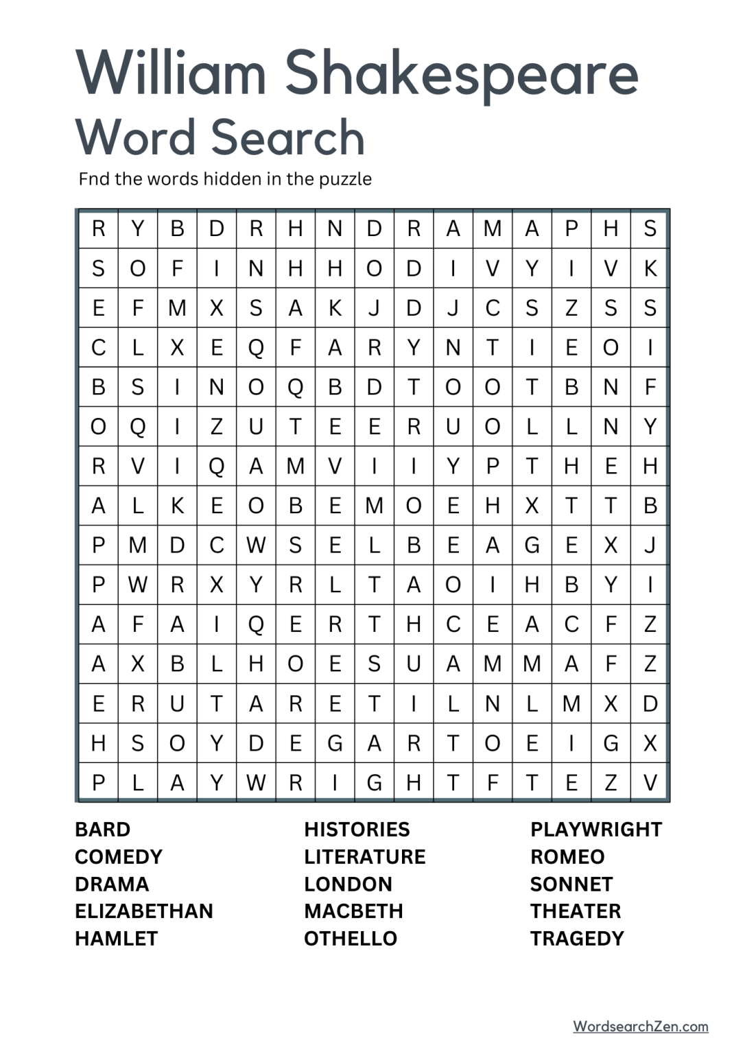 William Shakespeare Word Search Free Printable PDF File - WordsearchZen.com