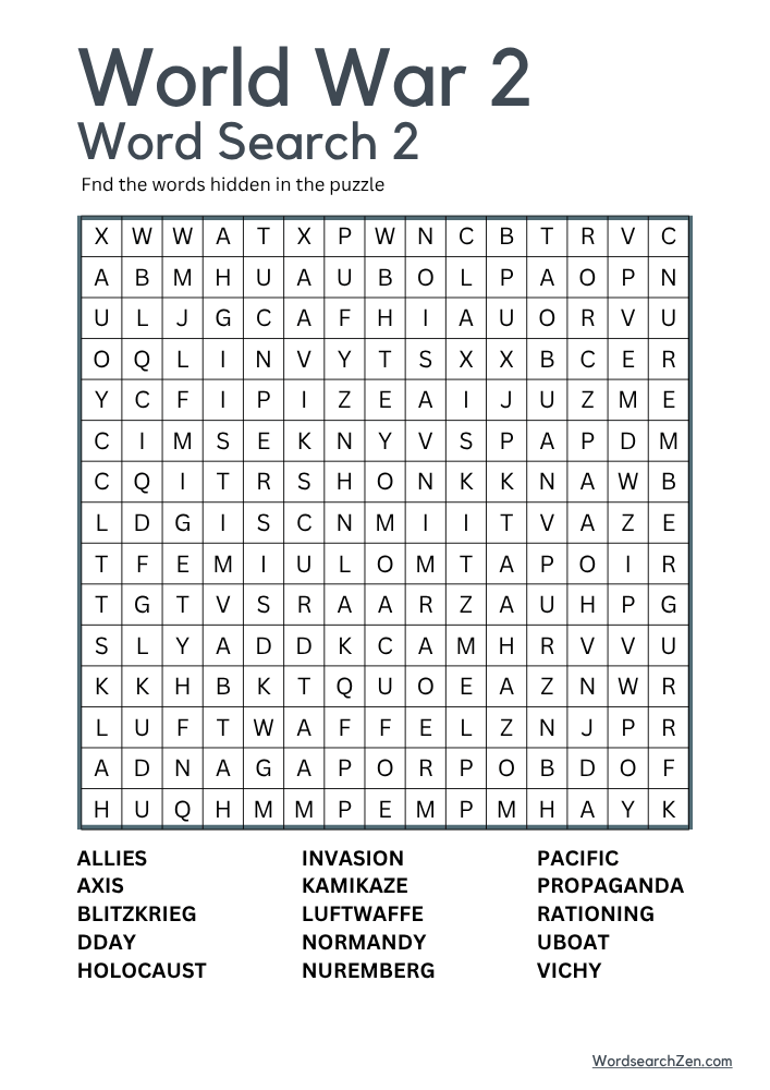 World War 2 Word Search Free Printable PDF File - WordsearchZen.com