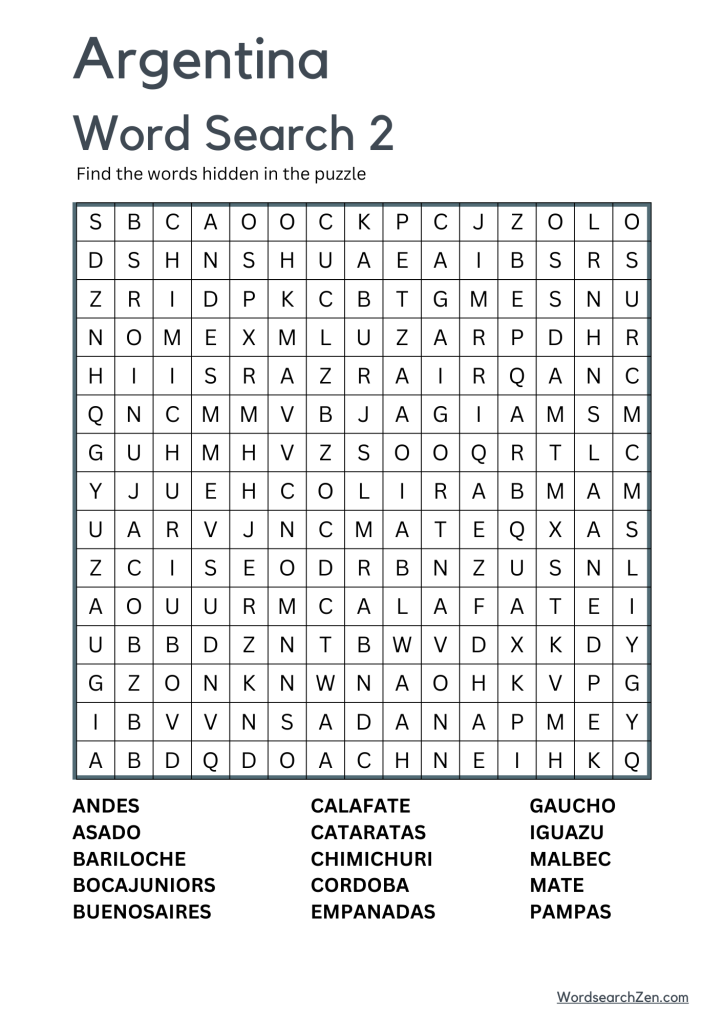 Argentina Word Search 3 Free Printable PDF File - WordsearchZen.com