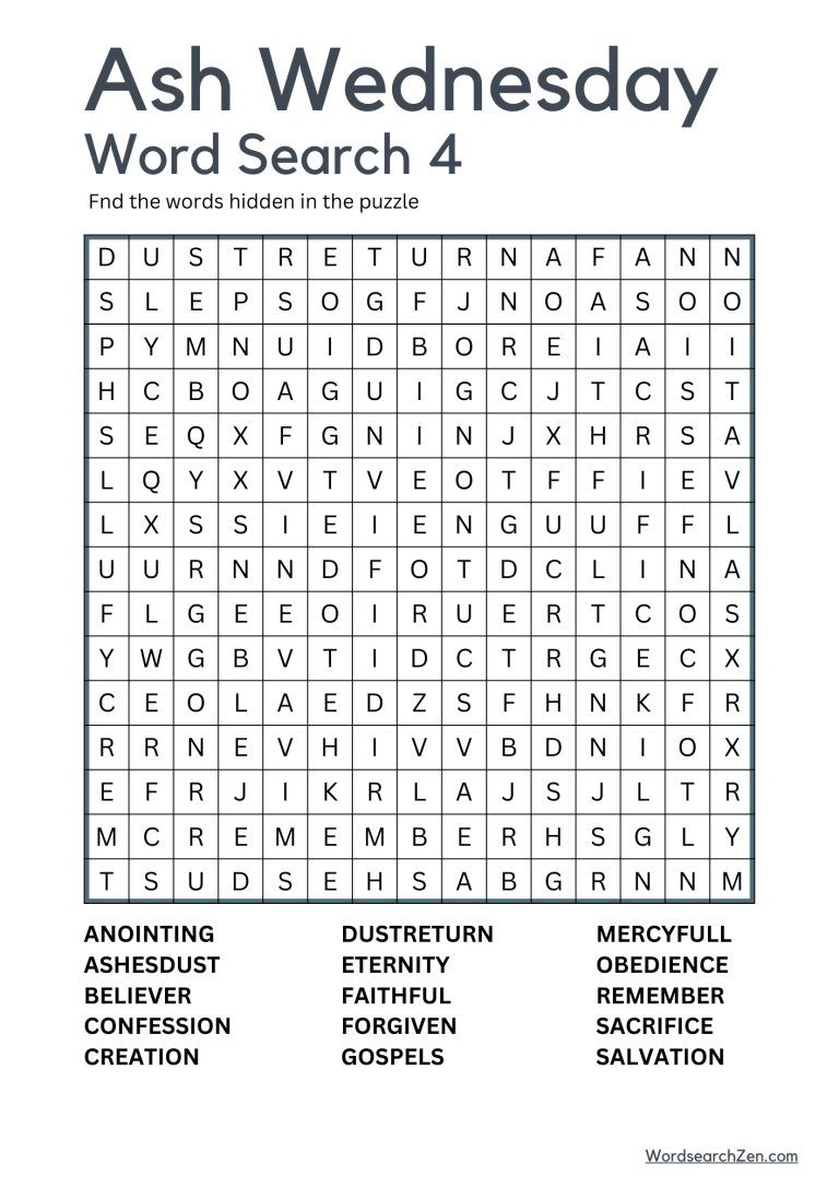Ash Wednesday Word Search Free Printable PDF File - WordsearchZen.com