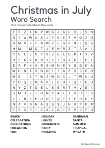 Christmas in July Word Search Free Printable PDF File - WordsearchZen.com