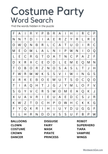 Costume Party Word Search Free Printable PDF File - WordsearchZen.com