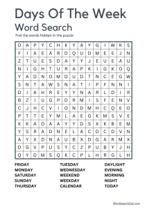 Days Of The Week Word Search Free Printable PDF File - WordsearchZen.com