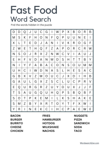 Fast Food Word Search Free Printable PDF File - WordsearchZen.com