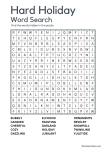 Hard Holiday Word Search Free Printable PDF File - WordsearchZen.com
