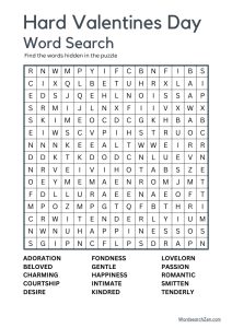 Hard Valentines Day Word Search Free Printable PDF File - WordsearchZen.com