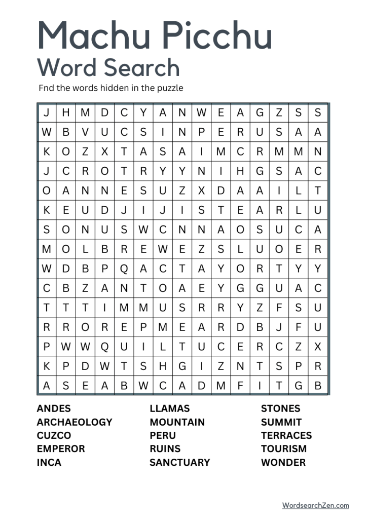 Machu Picchu Word Search Free Printable PDF File - WordsearchZen.com