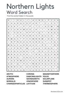 Northern Lights Word Search Free Printable PDF File - WordsearchZen.com
