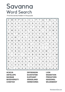 Savanna Word Search Free Printable PDF File - WordsearchZen.com