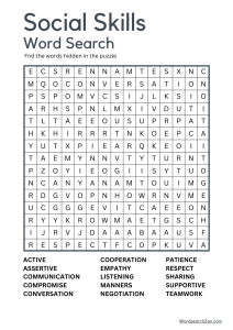 Social Skills Word Search Free Printable PDF File - WordsearchZen.com