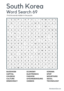 South Korea Word Search 69 Free Printable PDF File - WordsearchZen.com