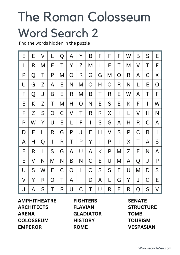 The Roman Colosseum Word Search Free Printable PDF File - WordsearchZen.com