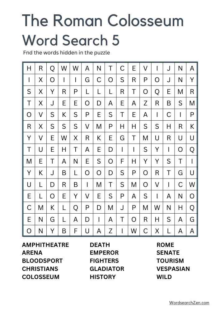 The Roman Colosseum Word Search Free Printable PDF File - WordsearchZen.com
