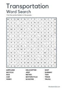 Transportation Word Search Free Printable PDF File - WordsearchZen.com