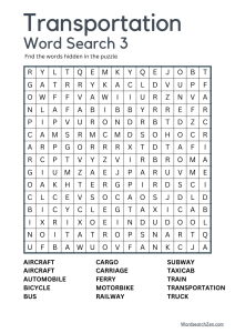 Transportation Word Search Free Printable PDF File - WordsearchZen.com