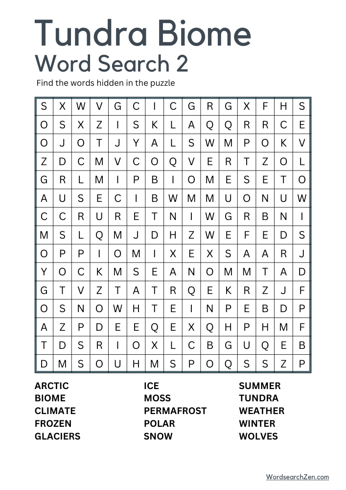 Tundra Biome Word Search Free Printable PDF File - WordsearchZen.com