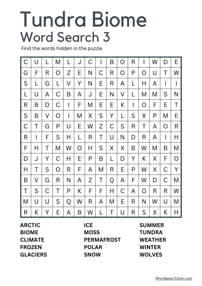 Tundra Biome Word Search Free Printable PDF File - WordsearchZen.com