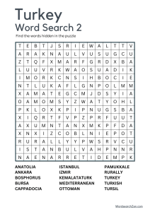 Turkey Word Search Free Printable PDF File - WordsearchZen.com