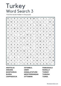 Turkey Word Search Free Printable PDF File - WordsearchZen.com