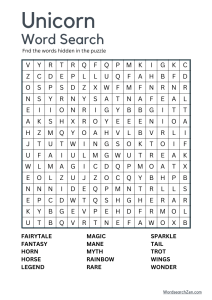 Unicorn Word Search Free Printable PDF File - WordsearchZen.com