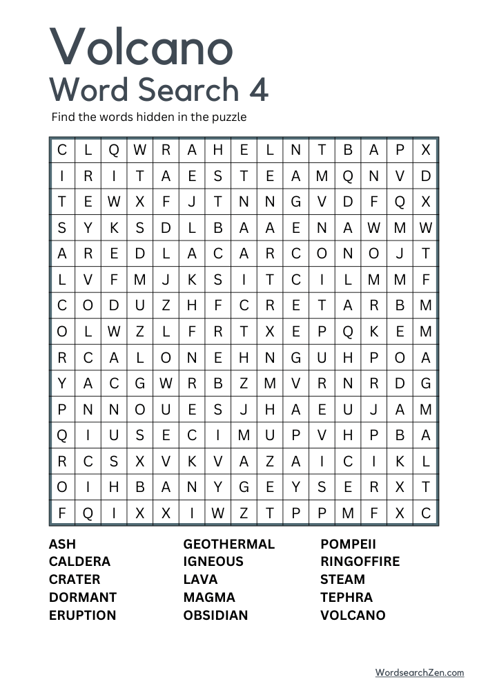 Volcano Word Search Free Printable PDF File - WordsearchZen.com
