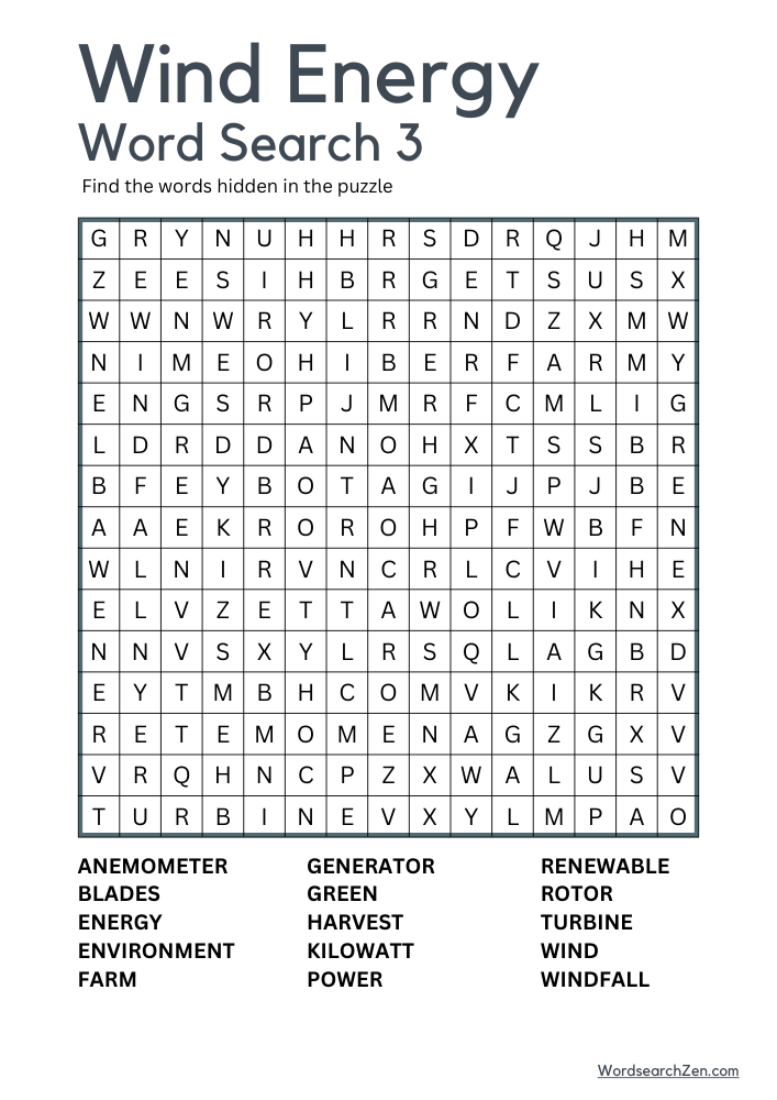Wind Energy Word Search Free Printable PDF File - WordsearchZen.com