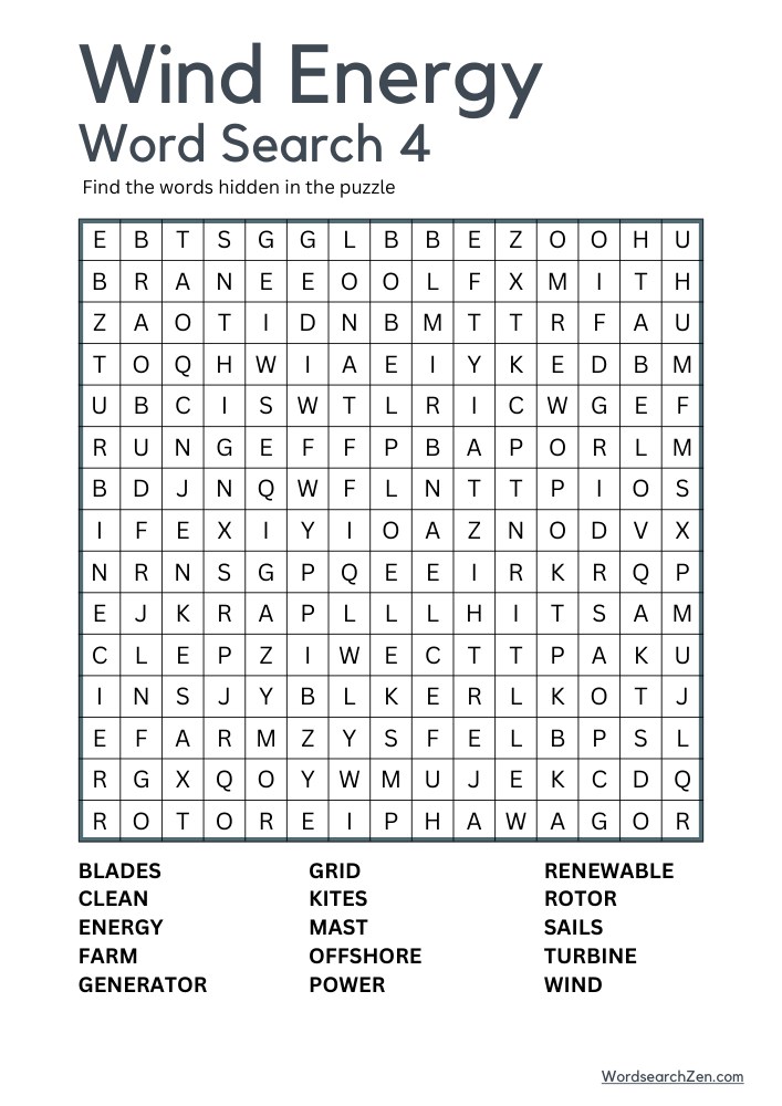 Wind Energy Word Search Free Printable PDF File - WordsearchZen.com