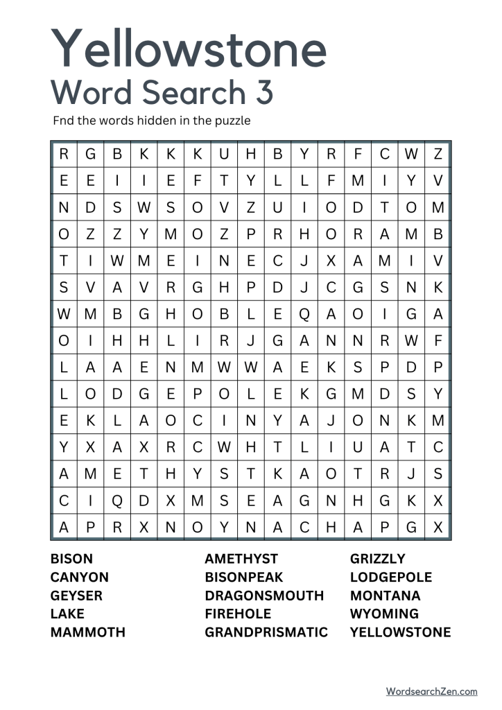 Yellowstone Word Search Free Printable PDF File - WordsearchZen.com