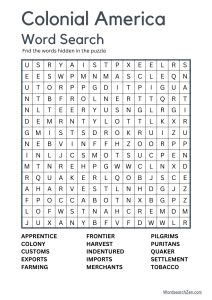 Colonial America Word Search Free Printable PDF File - WordsearchZen.com