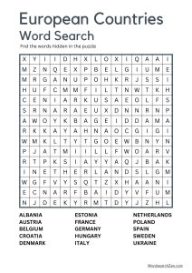 European Countries Word Search Free Printable PDF File - WordsearchZen.com