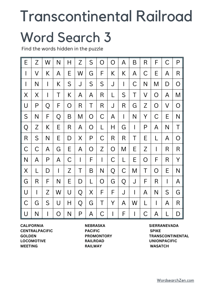 Transcontinental Railroad Word Search 37 Free Printable PDF File ...