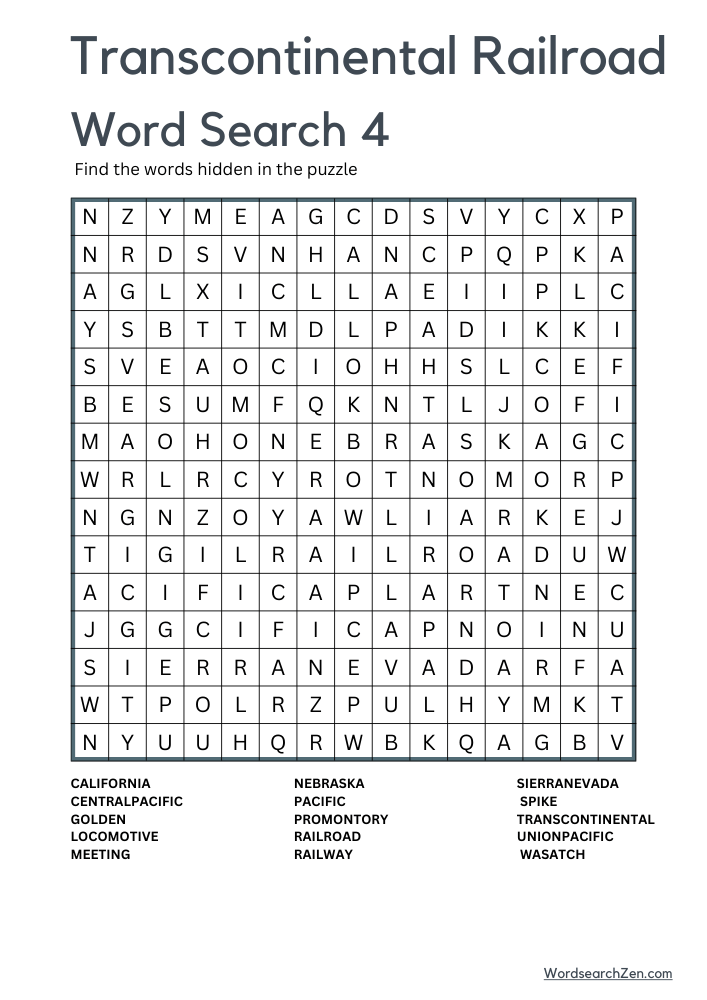 Transcontinental Railroad Word Search 37 Free Printable PDF File ...