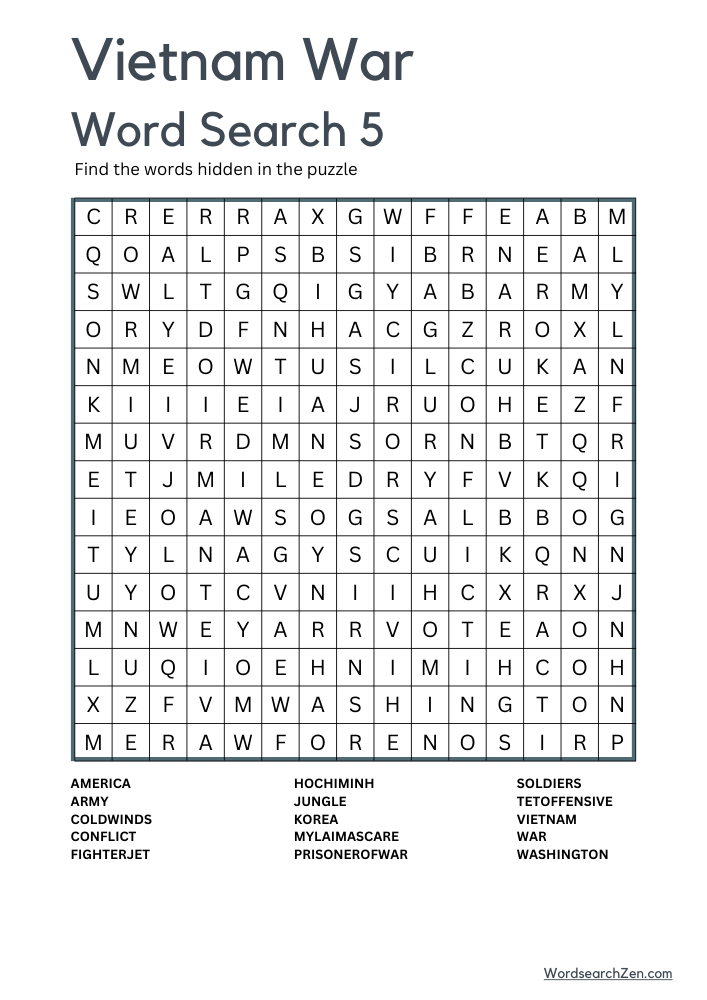Vietnam War Word Search 40 Free Printable PDF File - WordsearchZen.com