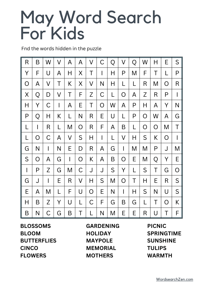 May Word Search For Kids Free Printable PDF File - WordsearchZen.com