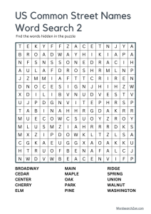 US Common Street Names Word Search Free Printable PDF File ...