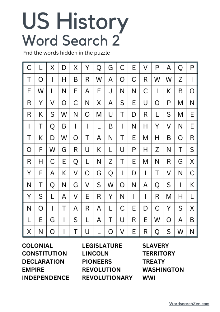 US History Word Search Free Printable PDF File - WordsearchZen.com