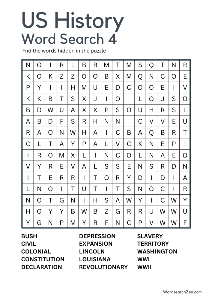 US History Word Search Free Printable PDF File - WordsearchZen.com