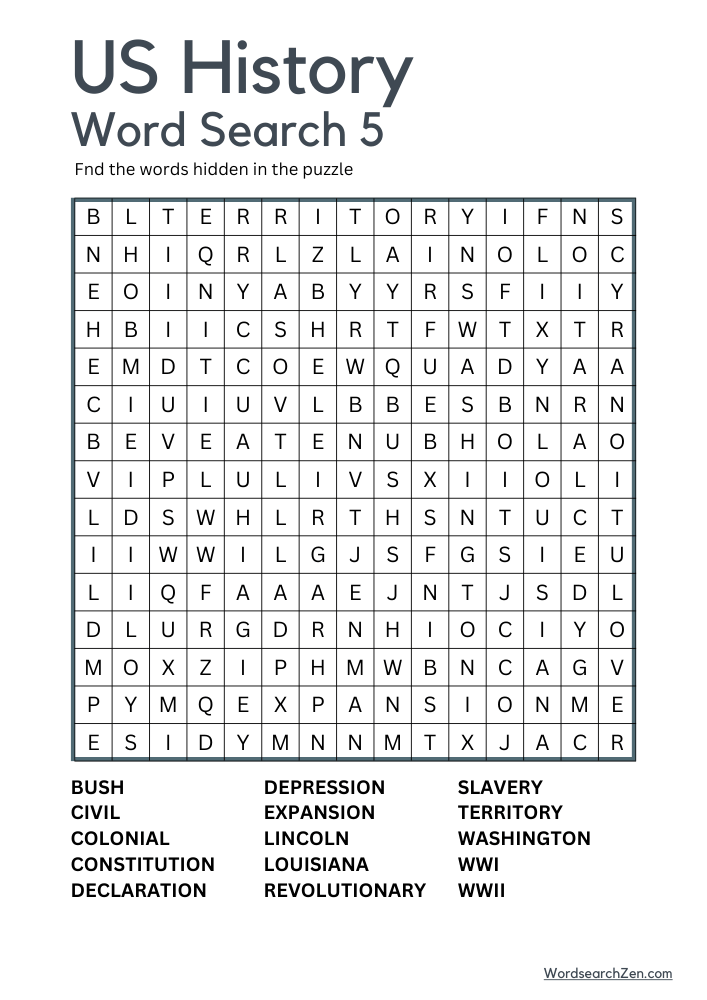 US History Word Search Free Printable PDF File - WordsearchZen.com