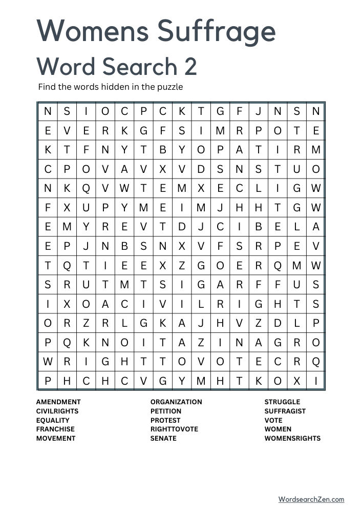Womens Suffrage Word Search Free Printable PDF File - WordsearchZen.com