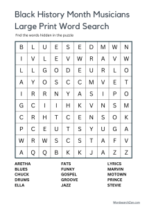Black History Month Musicians Large Print Word Search Free Printable ...