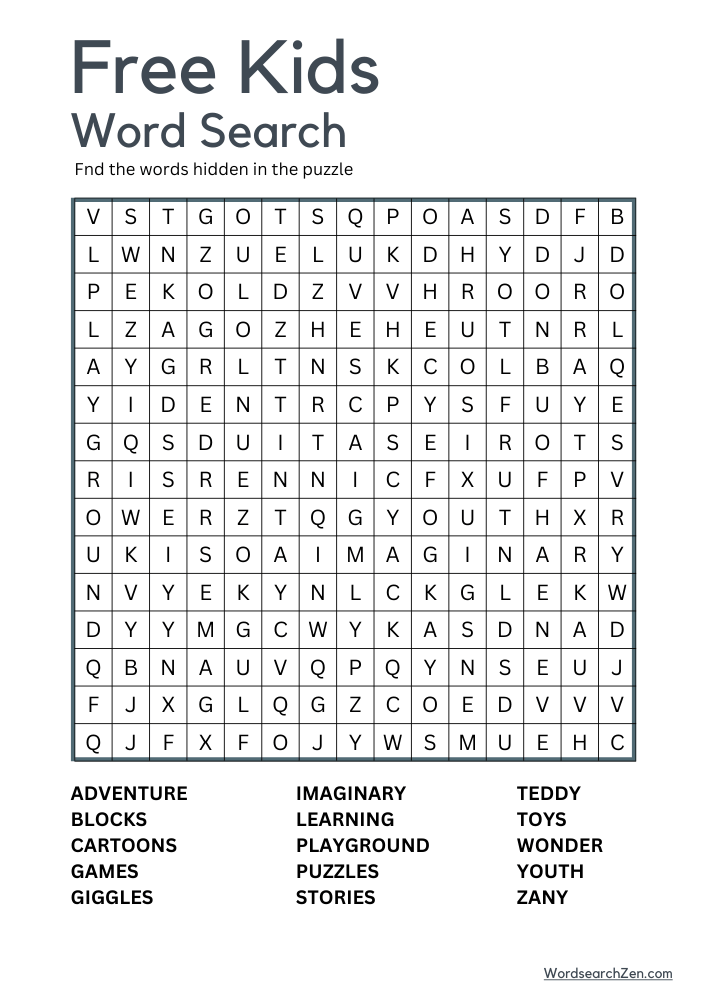 Free Kids Word Search Free Printable PDF File - WordsearchZen.com