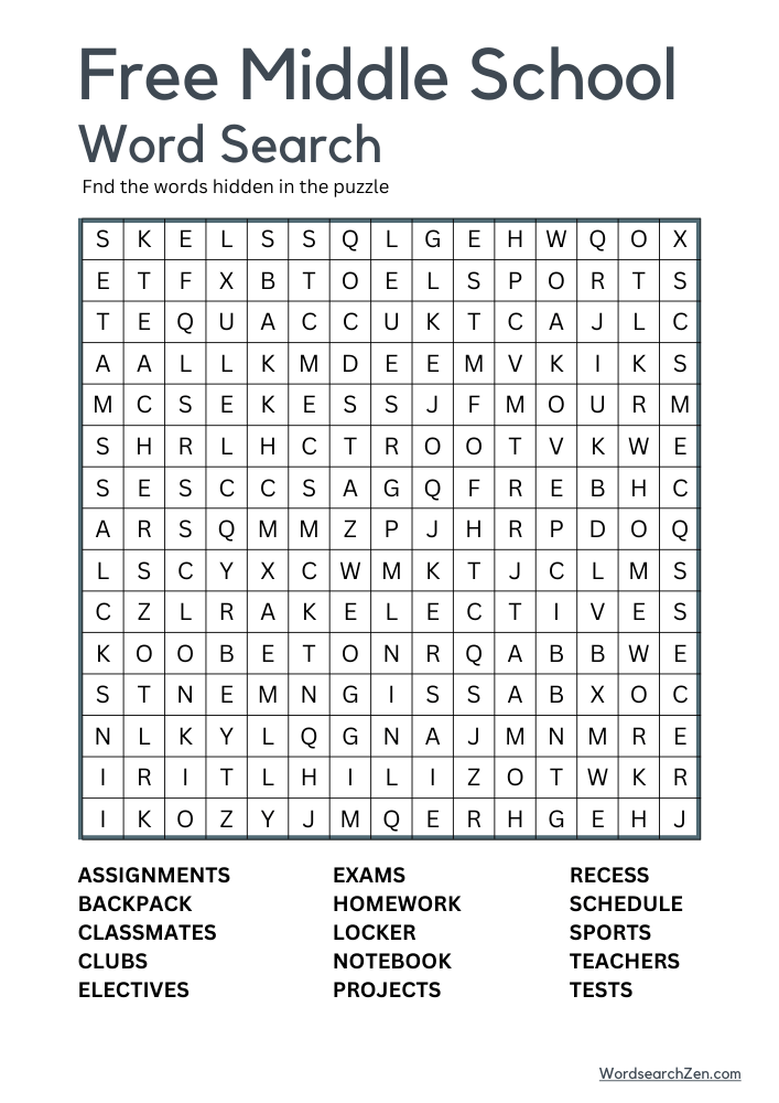 Free Middle School Word Search Free Printable PDF File - WordsearchZen.com