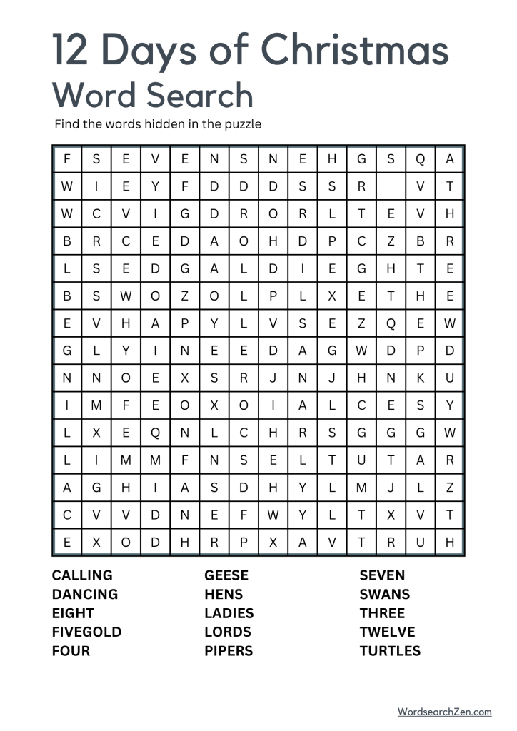 12 Days of Christmas Word Search Free Printable PDF File ...
