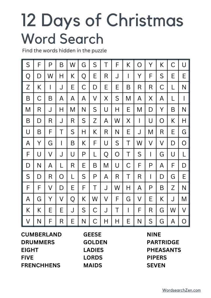 12 Days of Christmas Word Search Free Printable PDF File ...