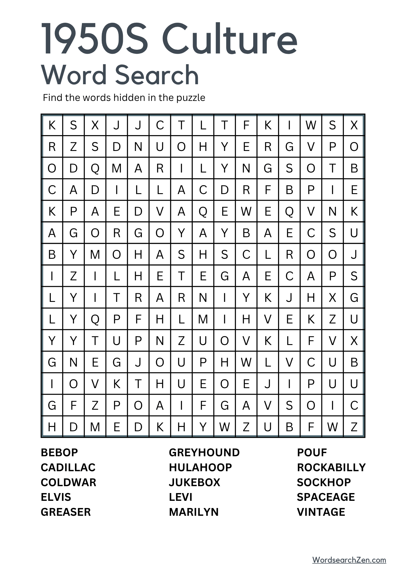 1950S Culture Word Search 1 Free Printable PDF File - WordsearchZen.com