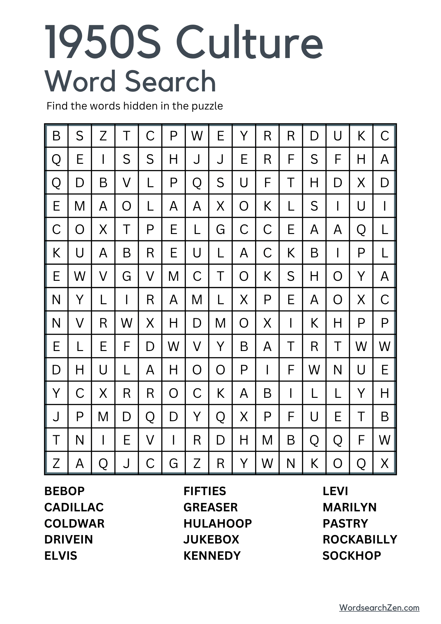 1950S Culture Word Search 1 Free Printable PDF File - WordsearchZen.com