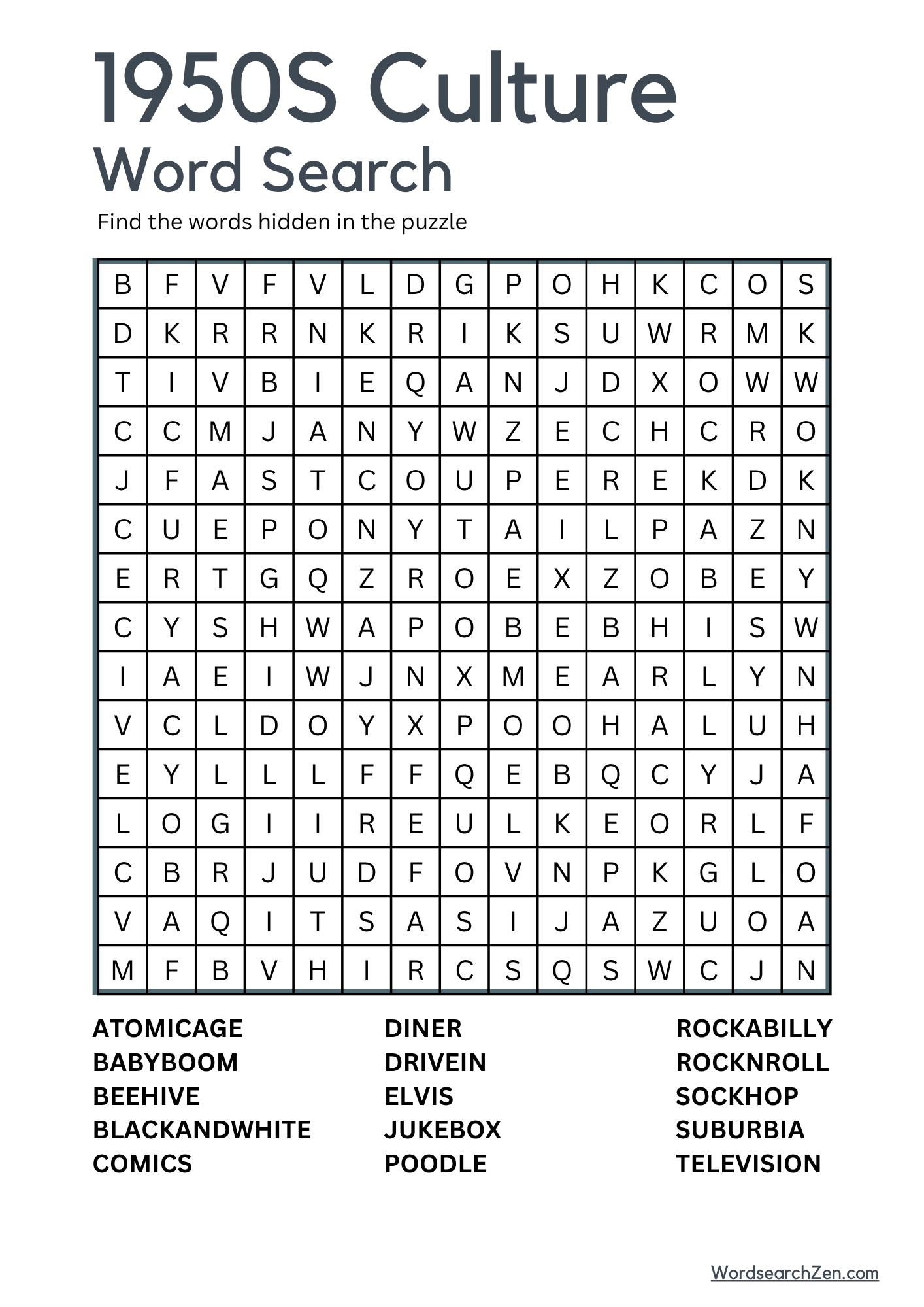 1950S Culture Word Search 1 Free Printable PDF File - WordsearchZen.com