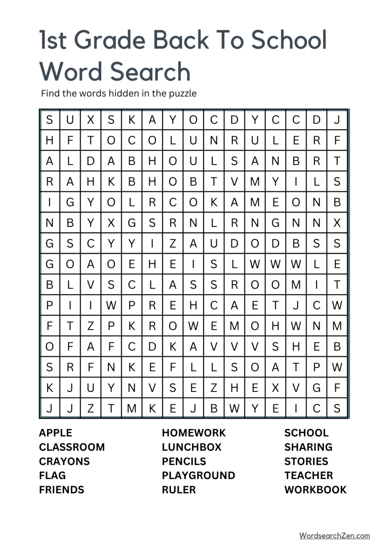 1st Grade Back To School Word Search Free Printable PDF File ...