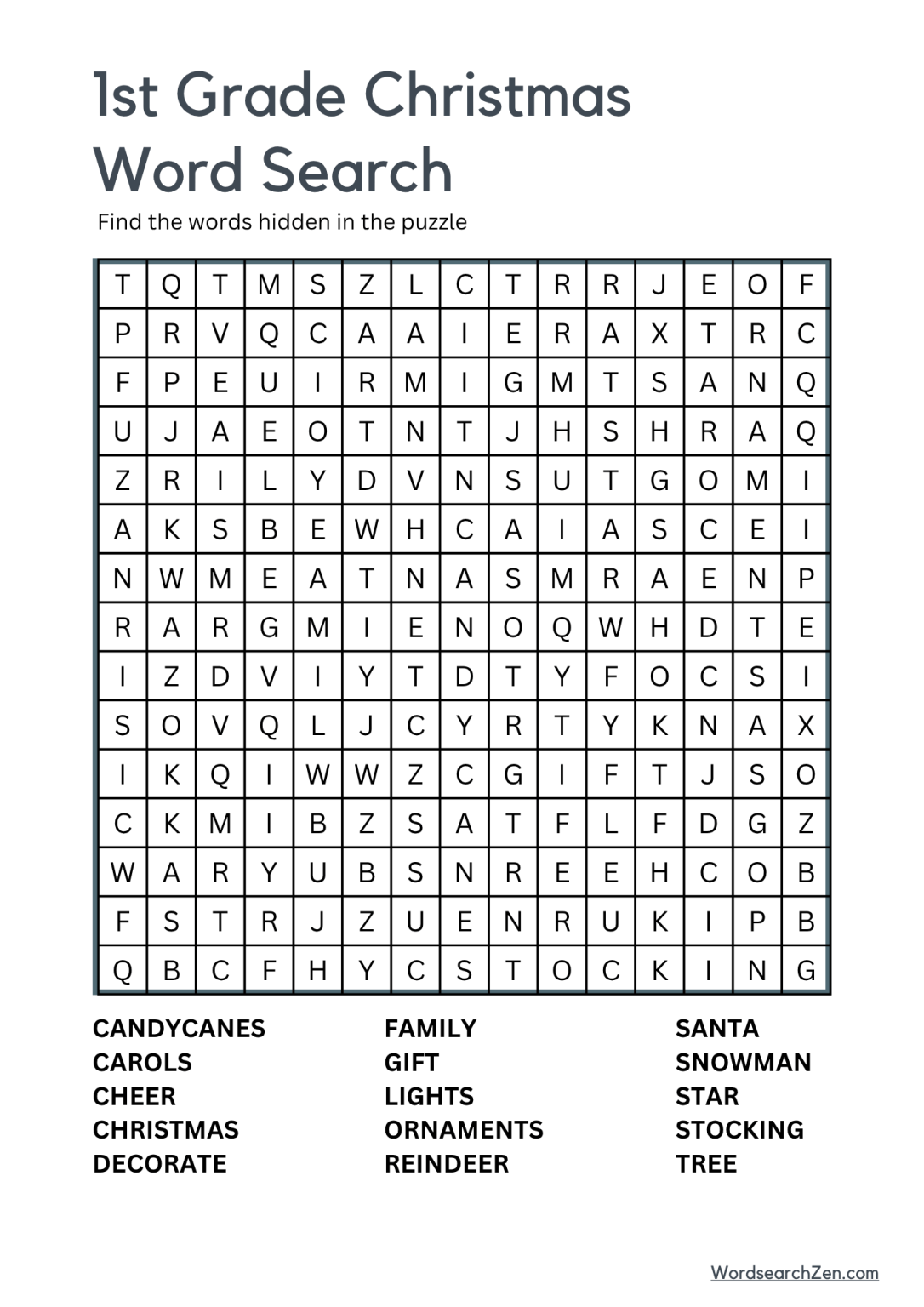 1st Grade Christmas Word Search Free Printable PDF File - WordsearchZen.com