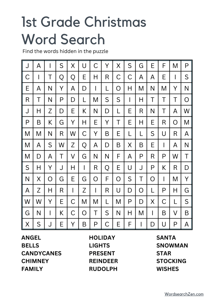 1st Grade Christmas Word Search Free Printable PDF File - WordsearchZen.com